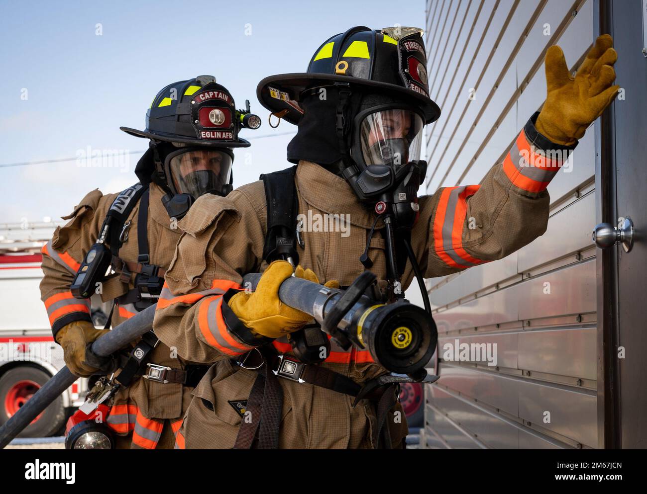 Journey Collier, a 96th Civil Engineer Squadron firefighter, checks for ...
