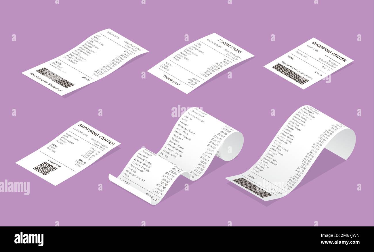 Isometric shop receipt set of realistic isolated vector illustrations ...