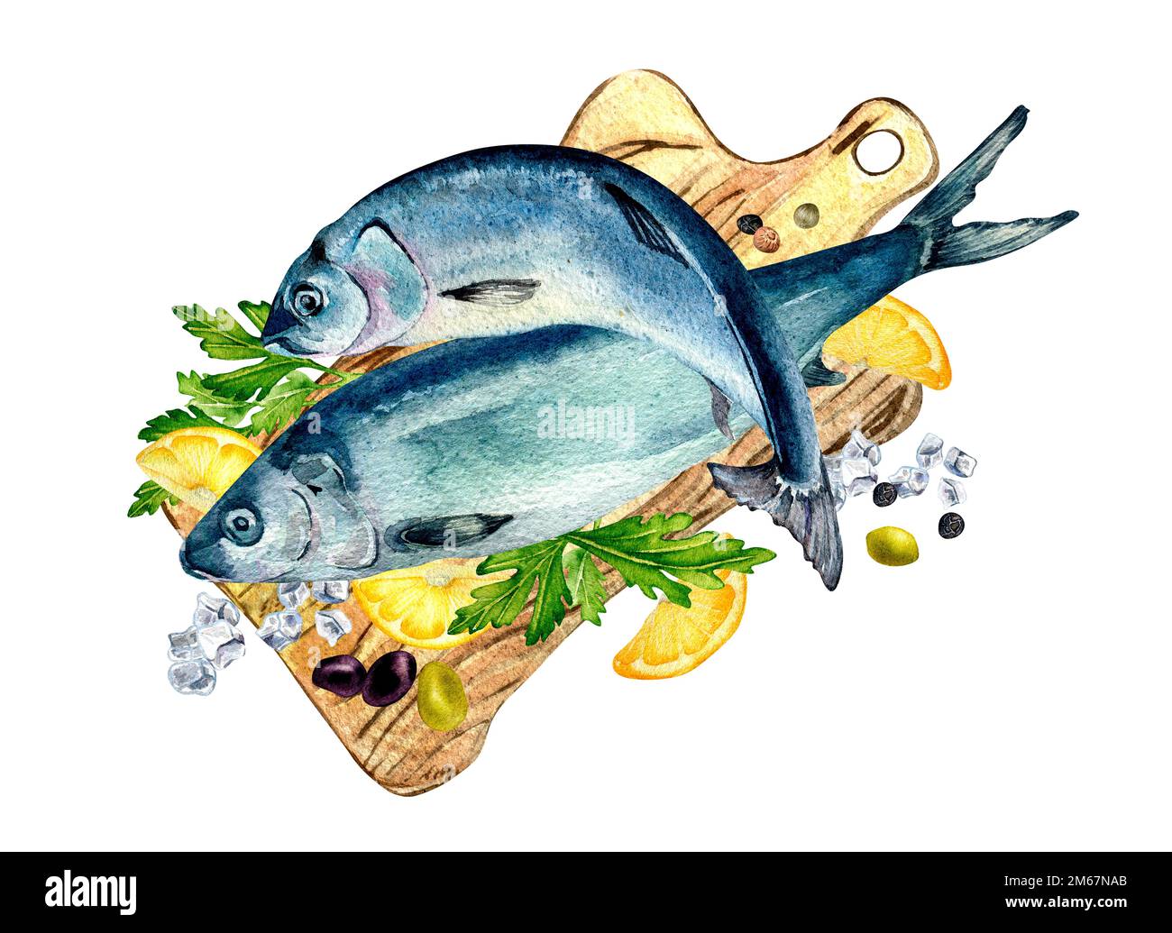 Set of herring and lemon slices watercolor illustration isolated on ...