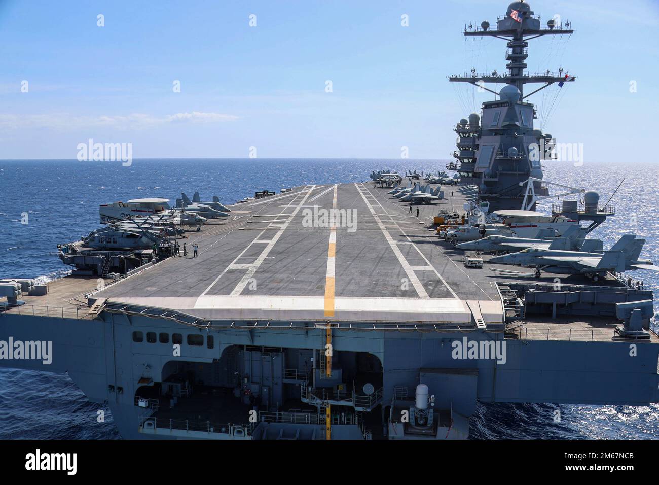 Aircraft attached to Carrier Air Wing (CVW) 8 sit on USS Gerald R. Ford ...