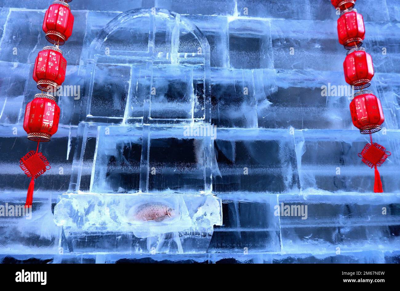 Two frozen fish appeared in a work of ice sculpture art, attracting ...