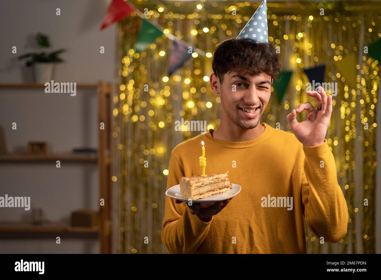 Relaxed happy birthday guy looking cheerful, smiling happily, showing ...