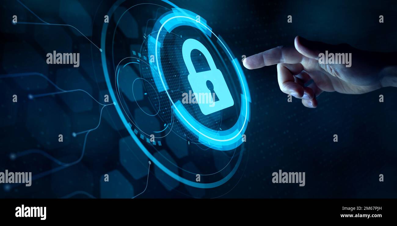 Cyber security and online data protection on internet. Finger touching HUD holographic secure ...