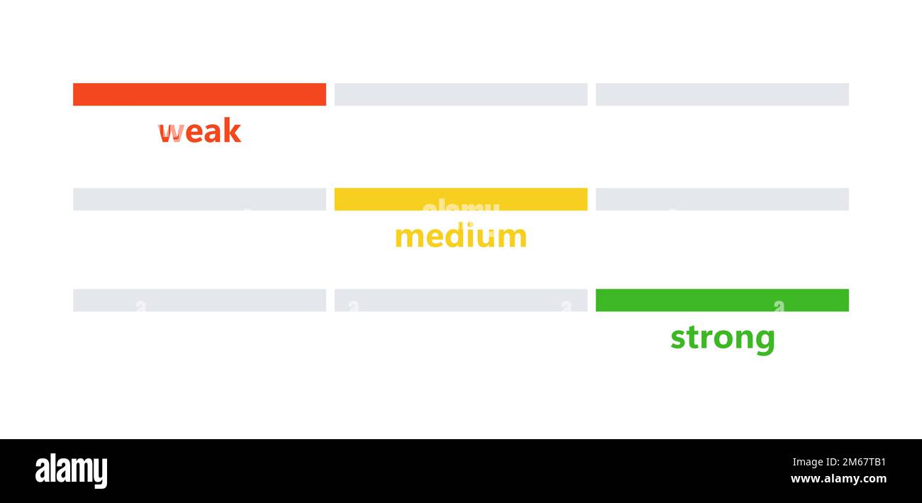 Password security bar. Loading status bar. Weak, medium, strong ...