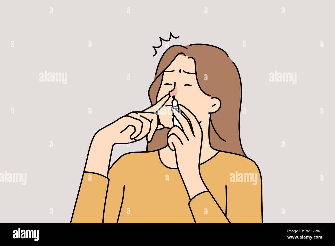 Unhealthy woman suffer from rhinitis put medical drops into nose ...