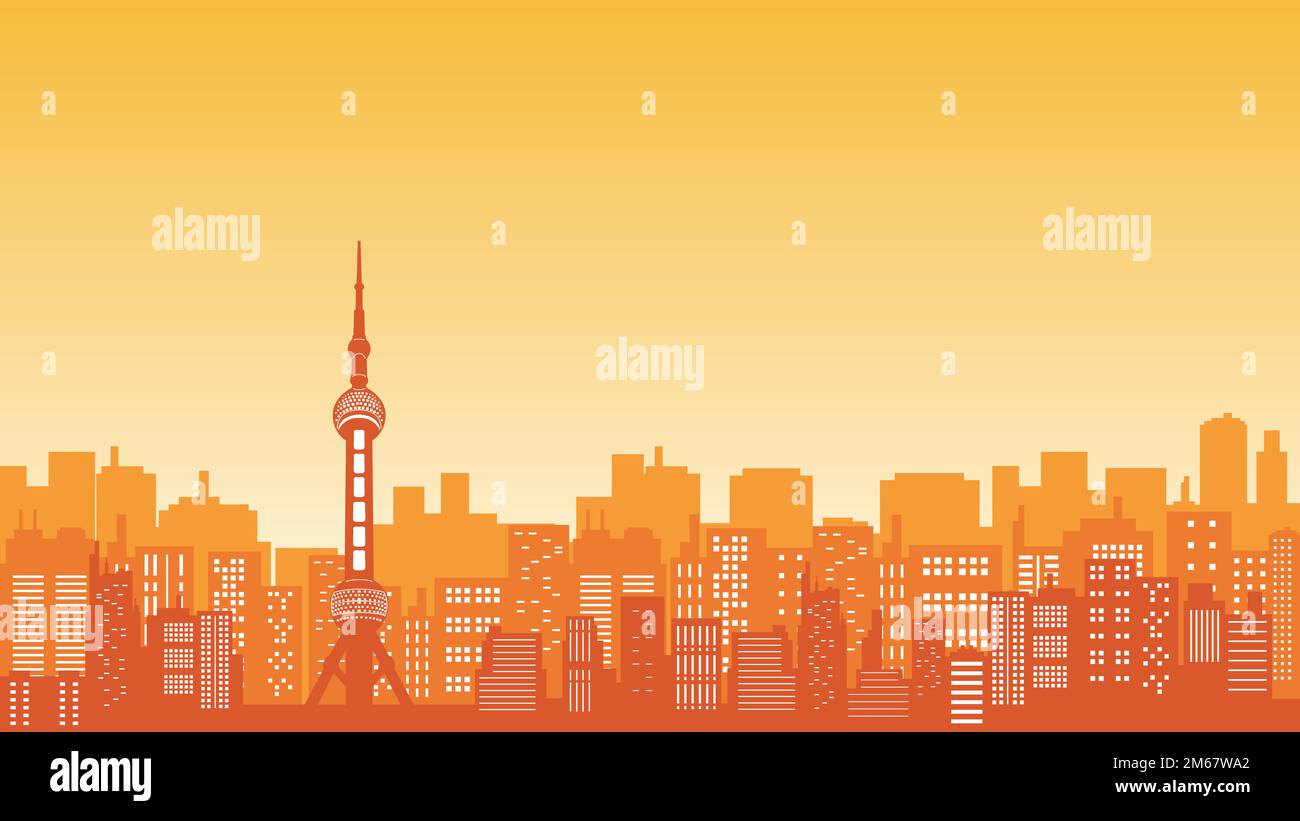 View of the orange sky with many city buildings next to the oriental pearl shanghai tower ...