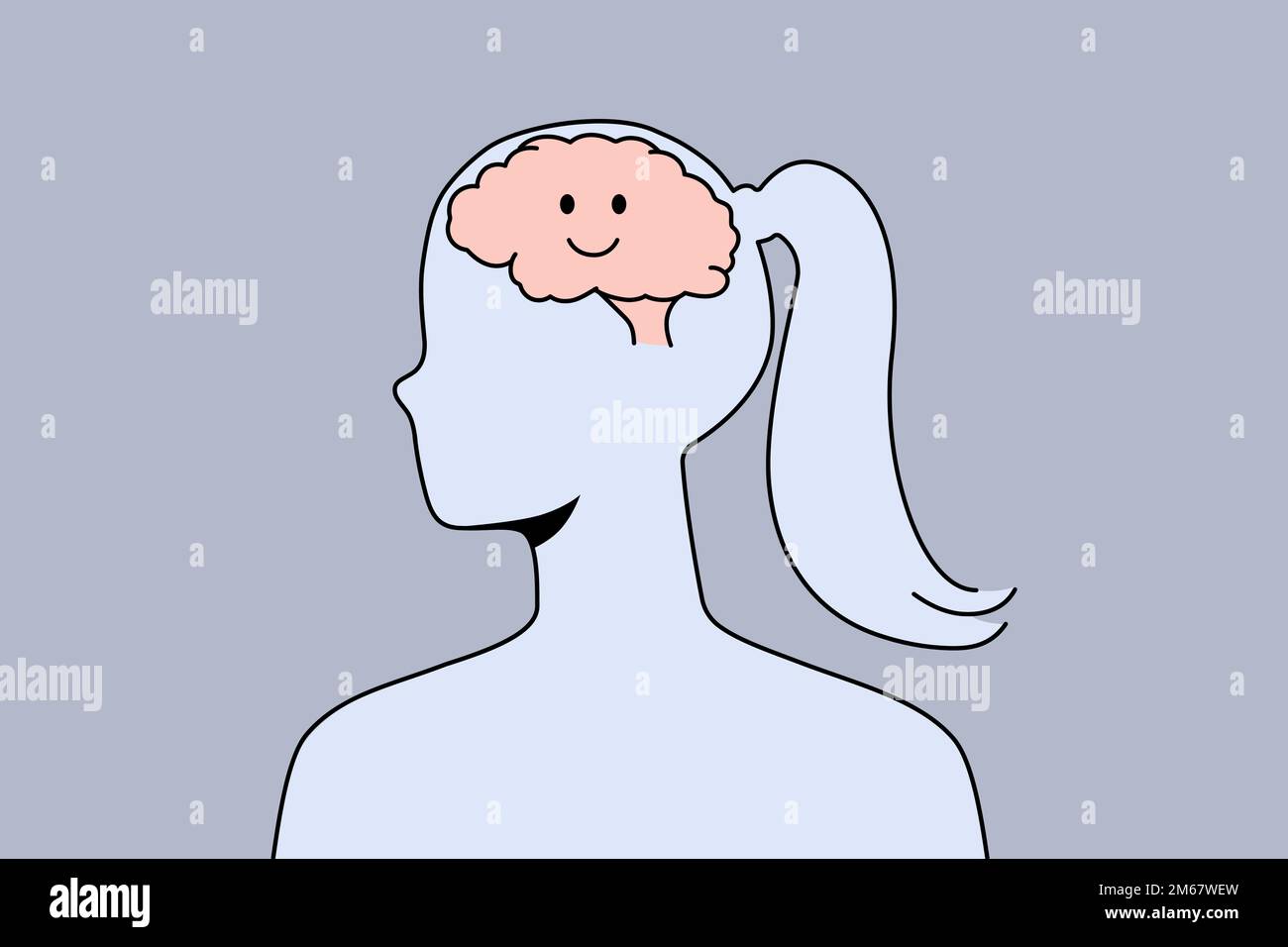 Smiling brain in woman head. Female with positive and optimistic view ...