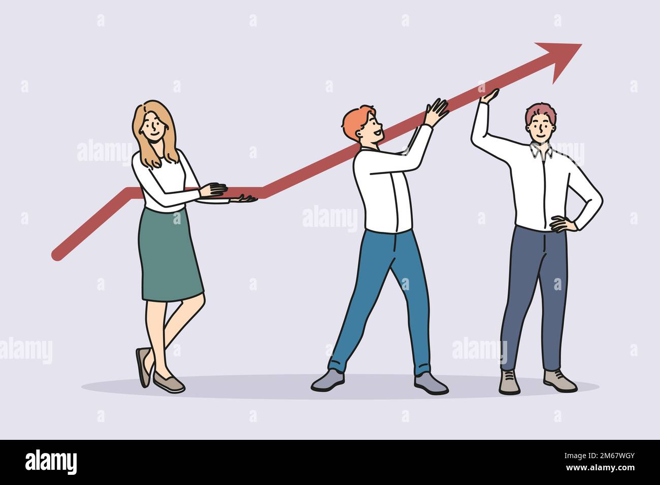 Smiling businesspeople with arrow facing up working together for shared ...