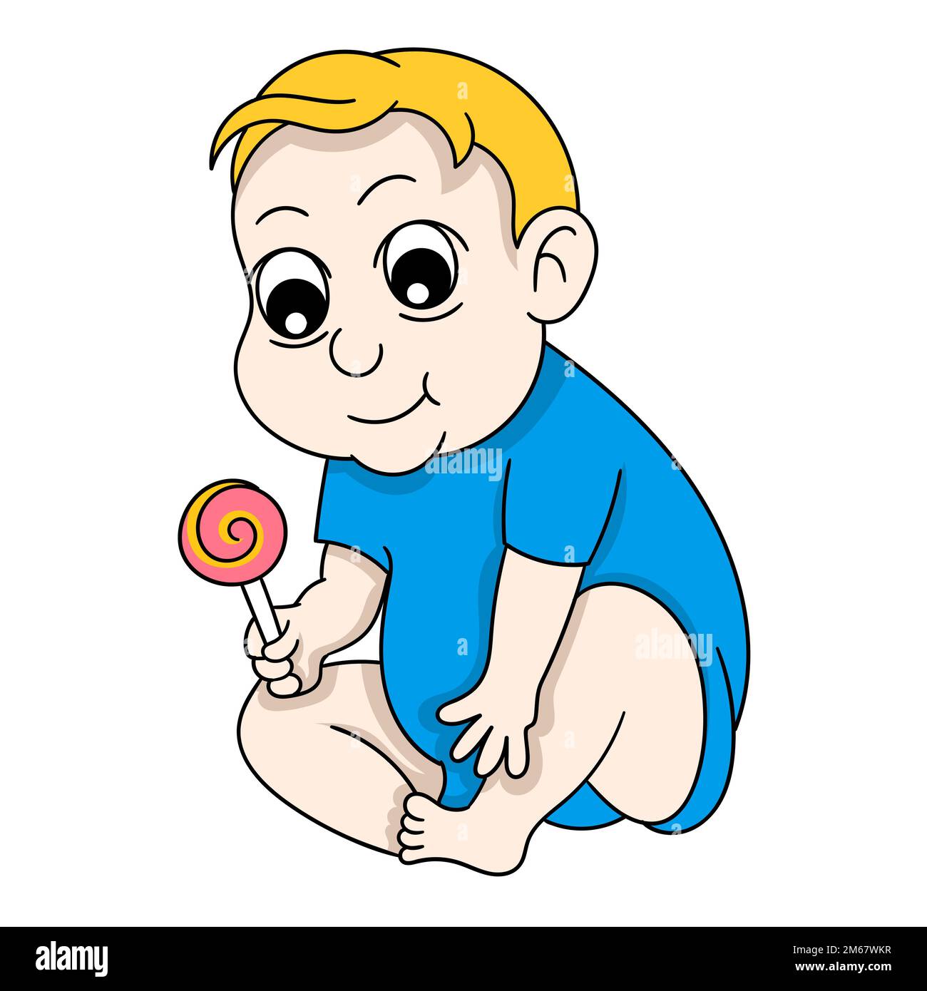 baby boy is sitting cute holding delicious sugar candies. vector design ...