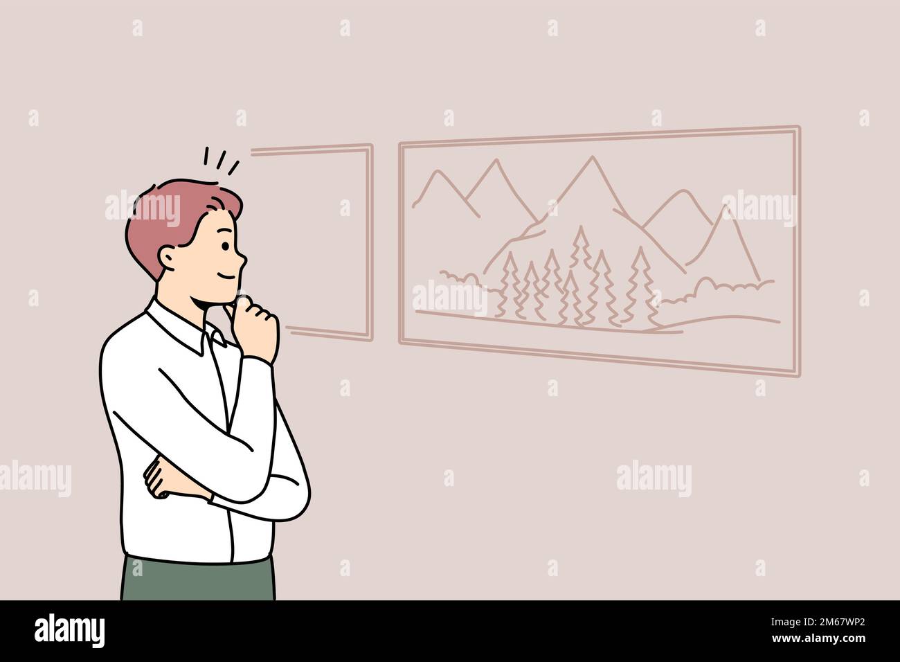 Happy young man look at paintings in museum. Smiling guy stare at ...