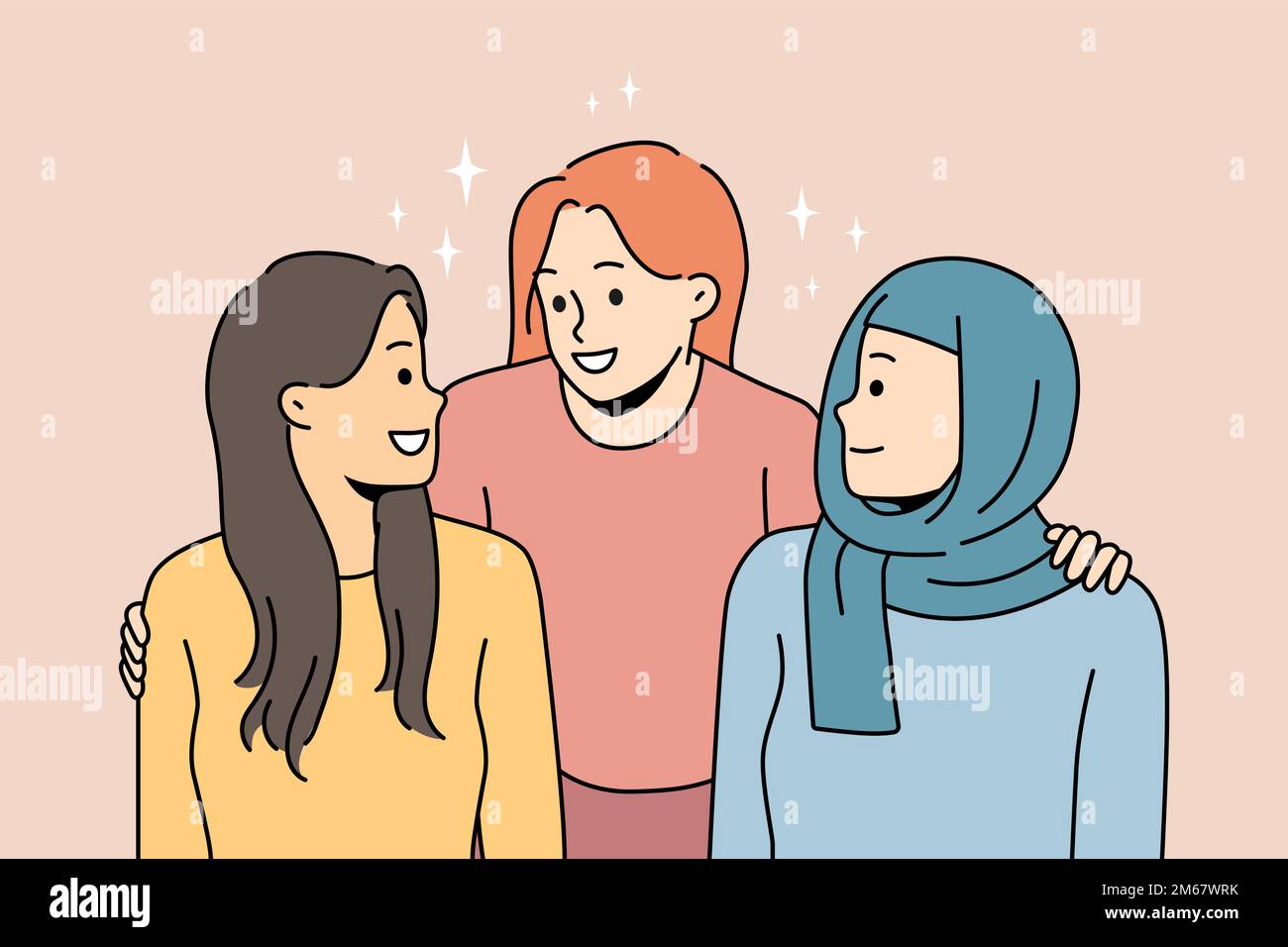 Smiling Diverse Multiethnic Women Hugging And Talking Concept Of