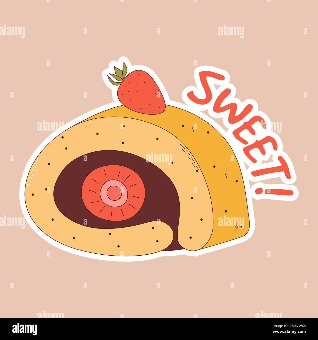 Traditional Japanese food. Asian cake roll with strawberry sticker ...