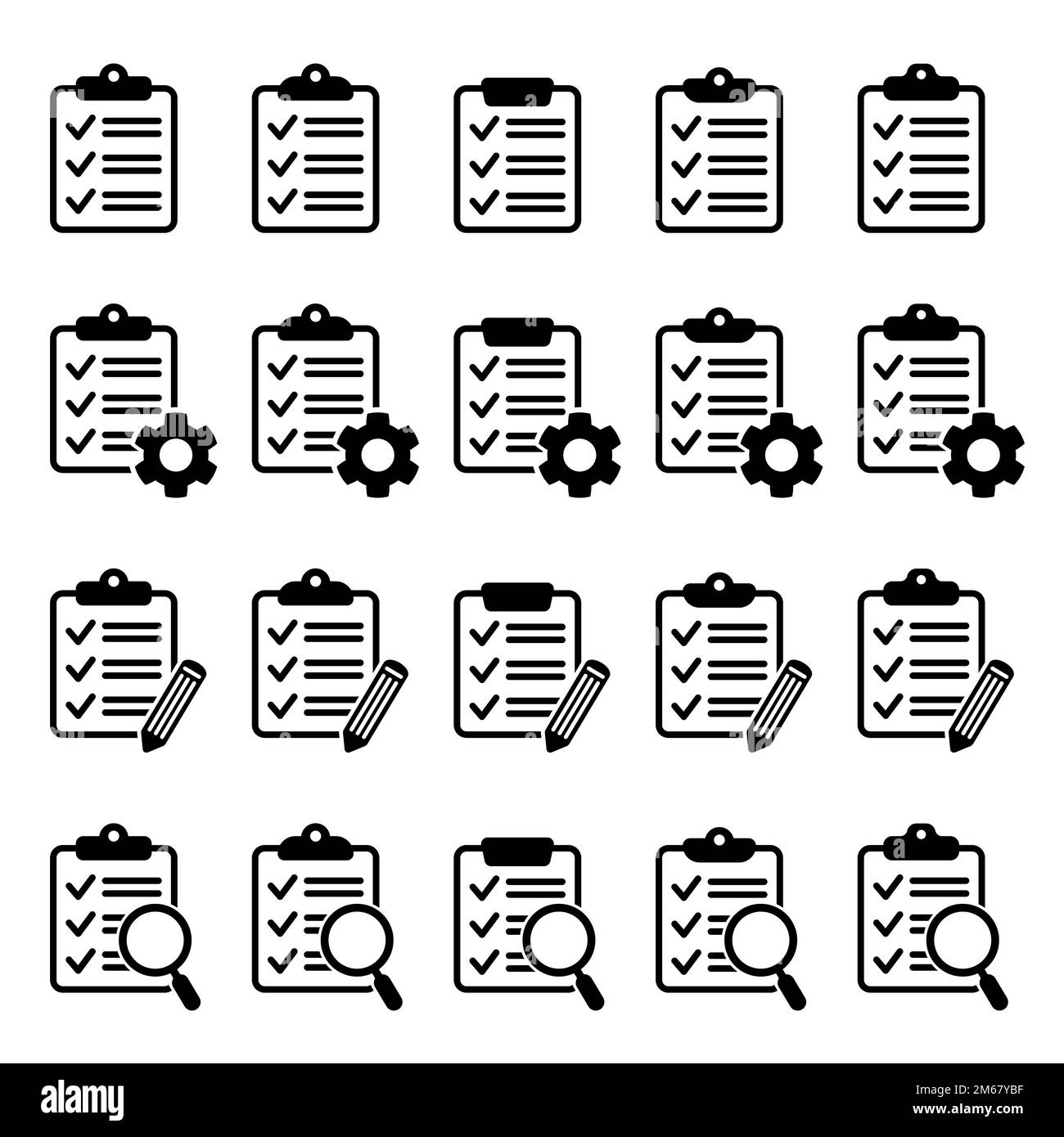 Clipboard icon. Checklist with gear, checkmarks, magnifier and pencil. Vector illustration Stock ...