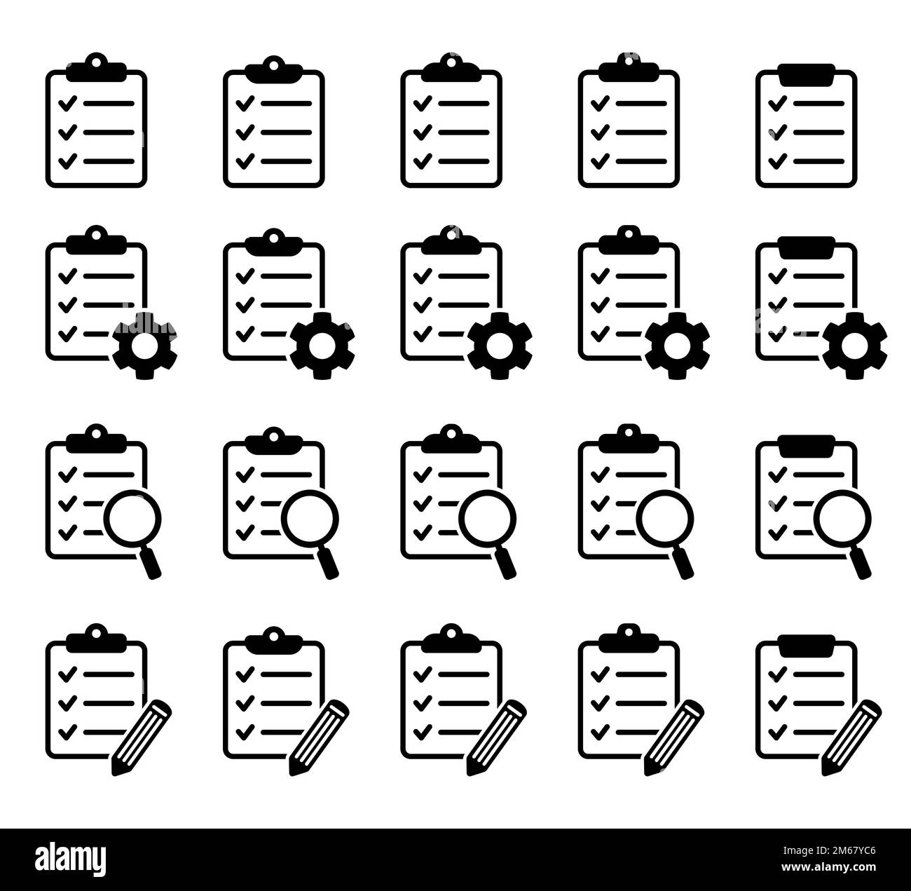 Clipboard icon. Checklist with gear, checkmarks, magnifier and pencil ...