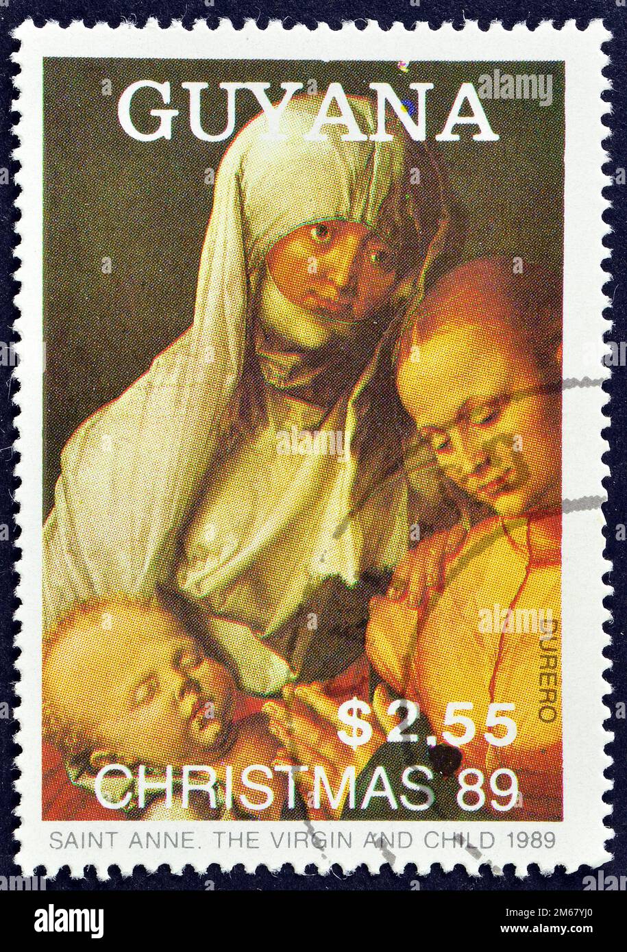 Cancelled postage stamp printed by Guyana, that shows painting Virgin ...