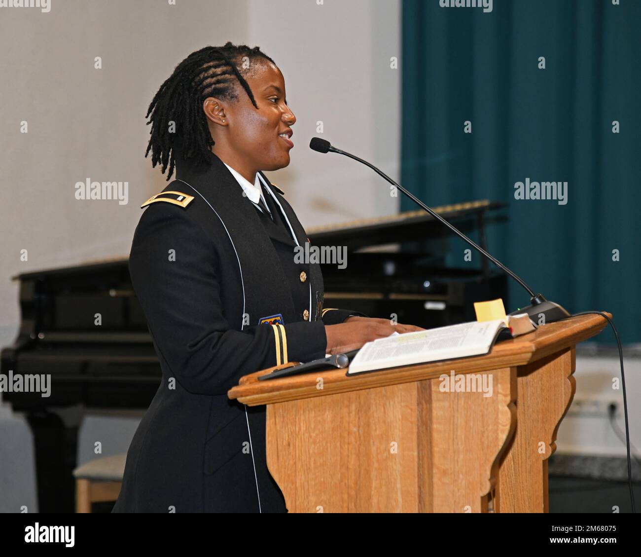 Chaplain (1st Lt.) Ruth A. Gakunga speaks during a Passing of Stole ...