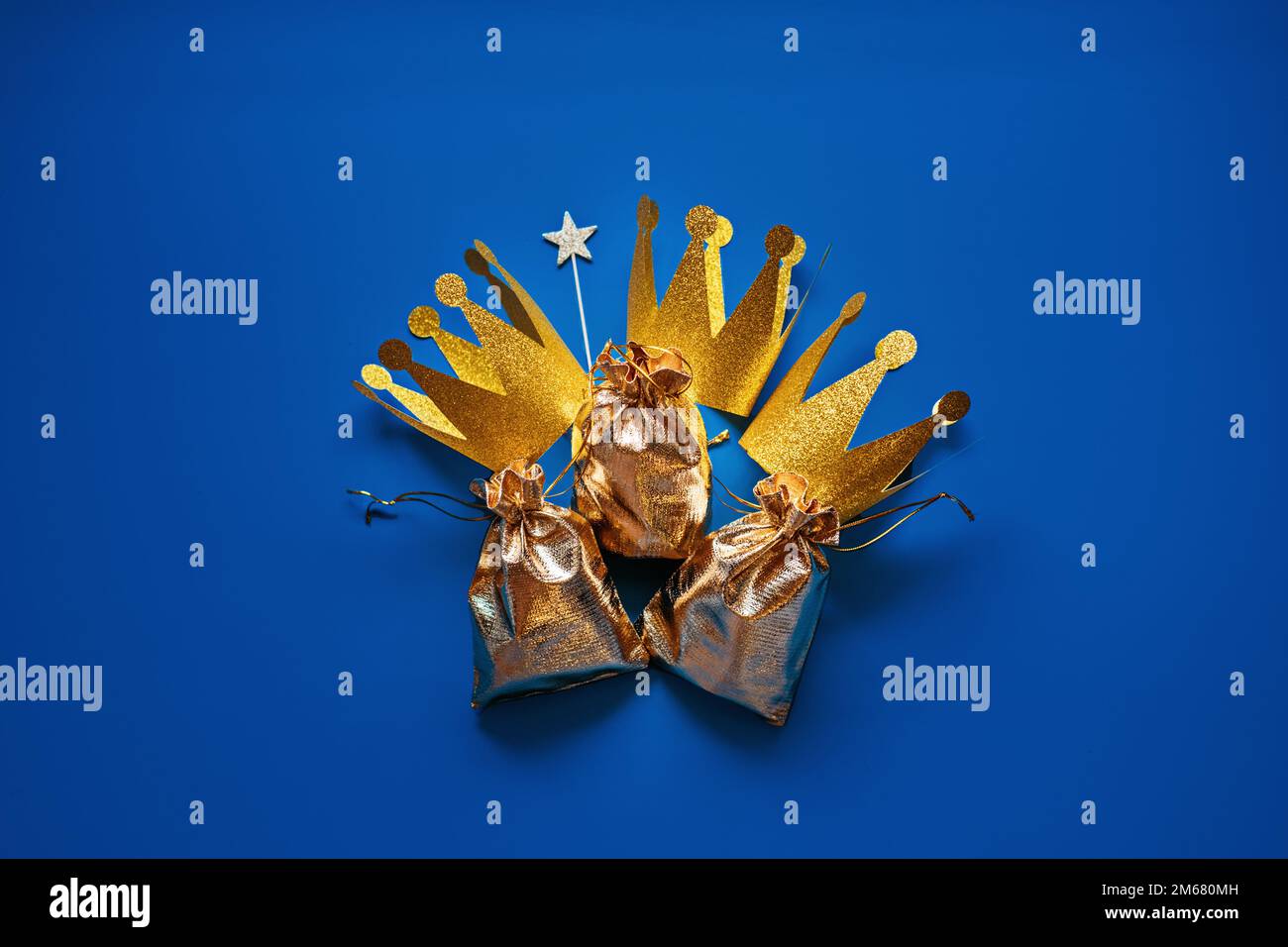 Happy Epiphany Day, Three Kings Day greeting card with three gold ...