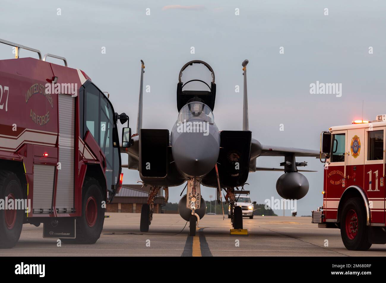 An F-15C Eagle from Nellis Air Force Base, Nevada, stands on the flight ...