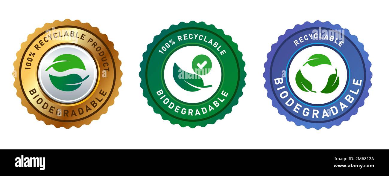 Biodegradable recyclable label sticker stamp icon seal logo gold green ...