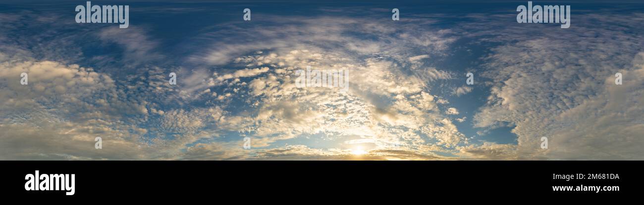 Dark blue sunset sky panorama with golden Cumulus clouds. Seamless hdr ...