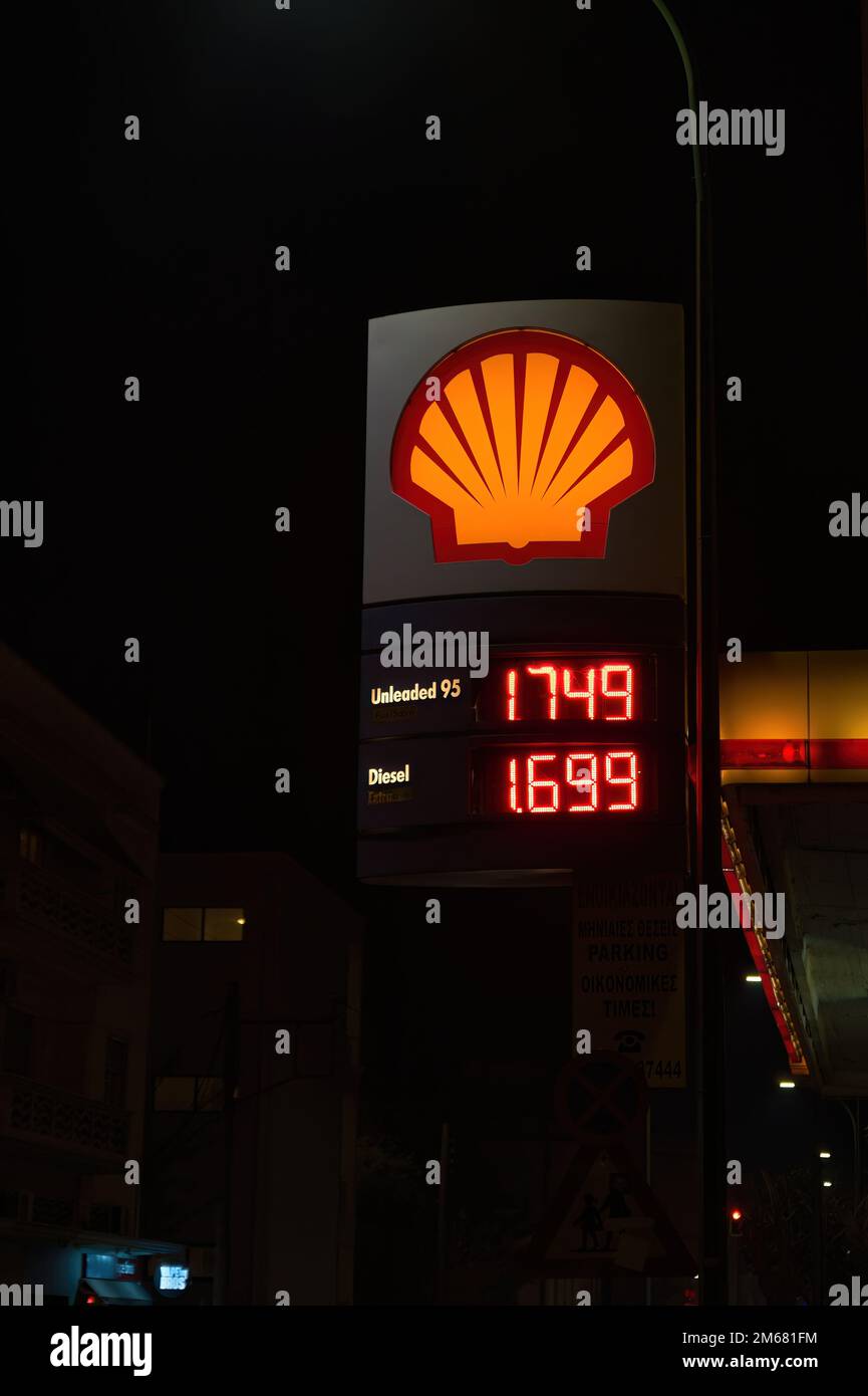 illuminated sign with a price list of liquid fuels in the well-known ...