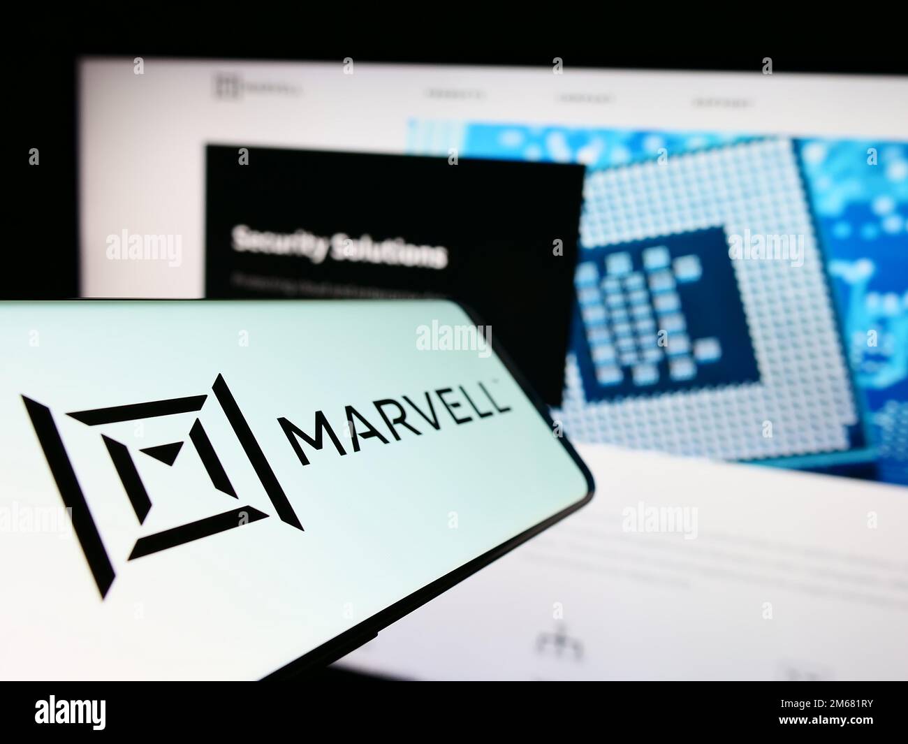 Mobile phone with logo of US semicondurctor company Marvell Technology ...