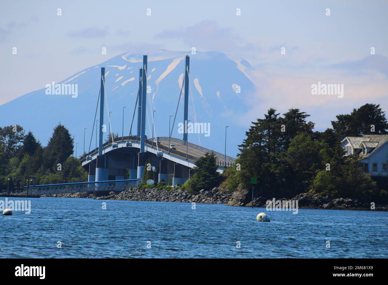 Alaska, view of the John O'Connell Bridge in Sitka with Mount Edgecumbe ...