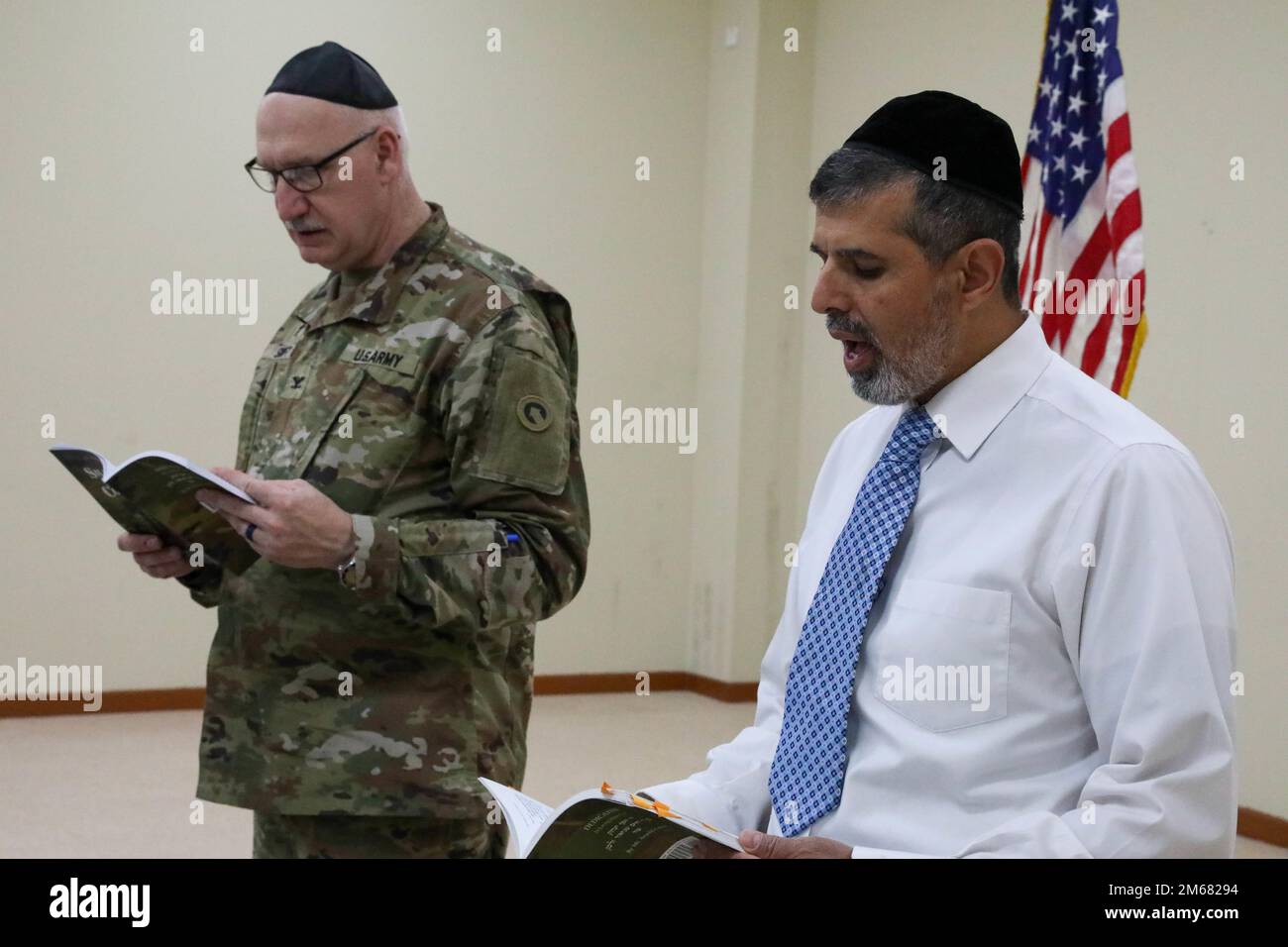 CAMP ARIFJAN, Kuwait - Chaplain Douglas Swift and Rabbi Amar conduct a ...