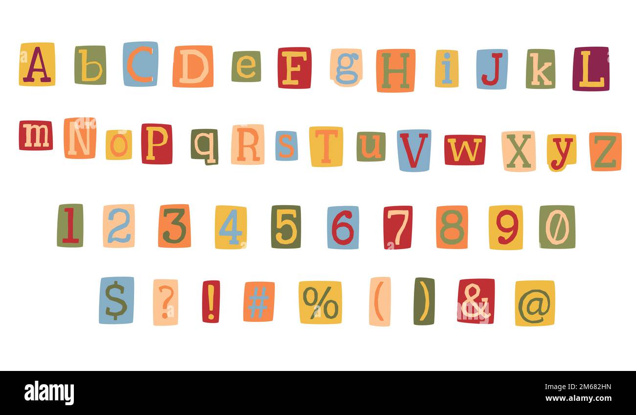 Retro anonymous criminal alphabet set colorful. Random letters cut from ...