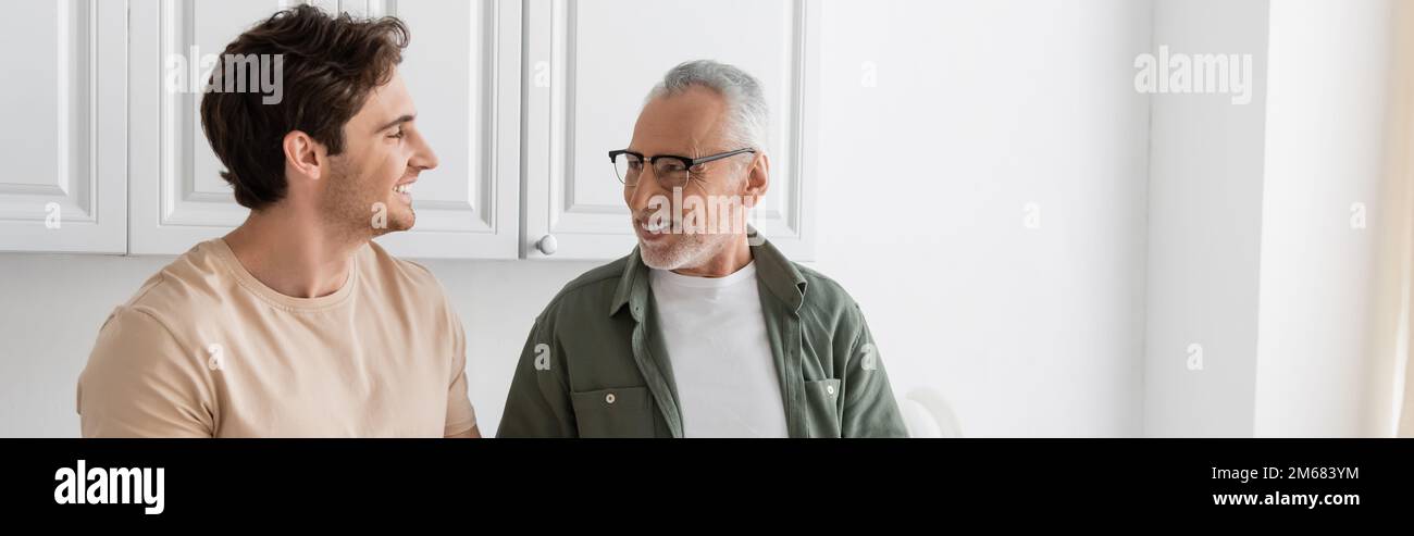 positive man looking at grey haired dad in eyeglasses during ...
