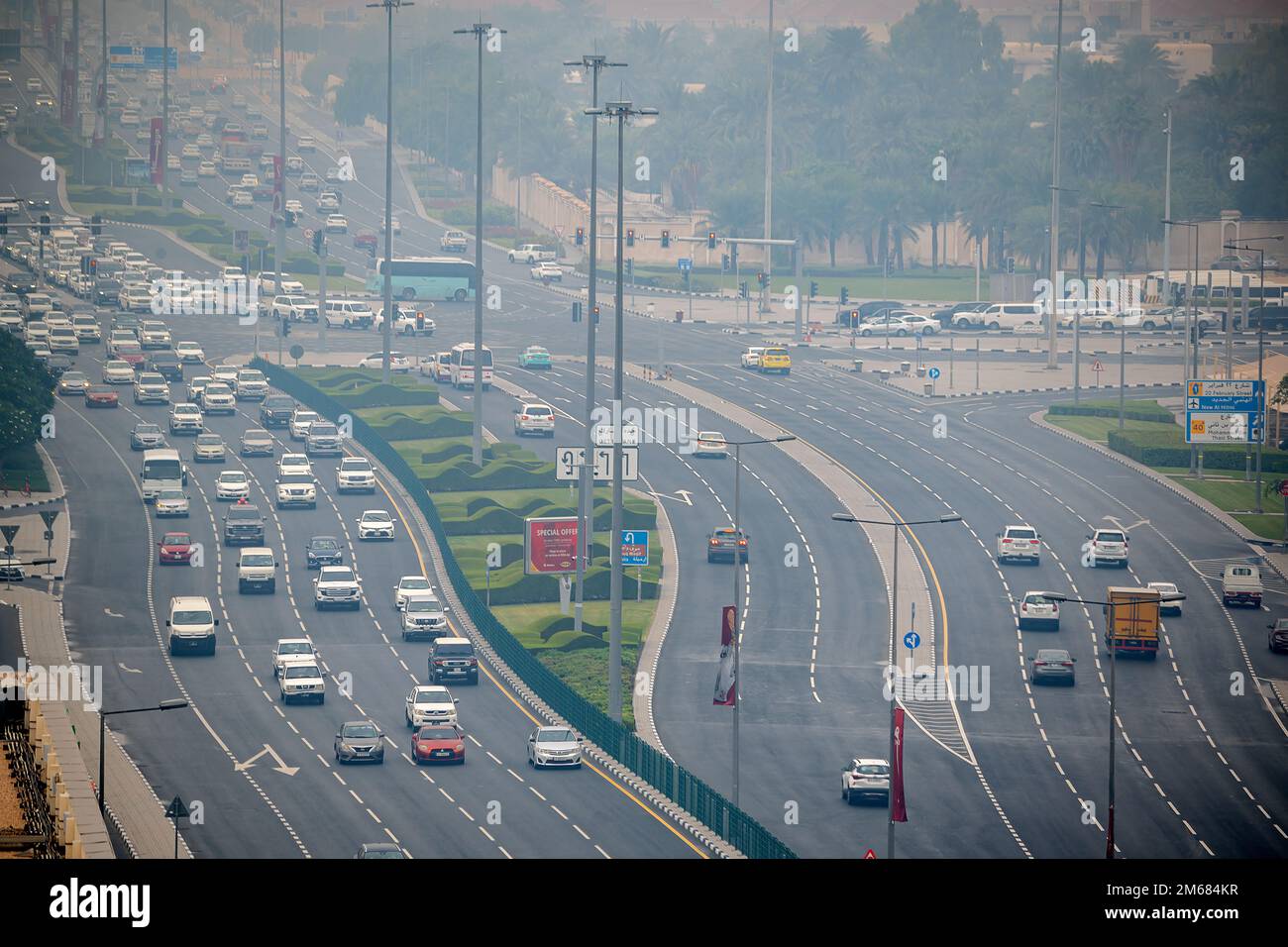 Foggy and rainy Doha C Ring Road. Doha Roads and Traffic Stock Photo ...