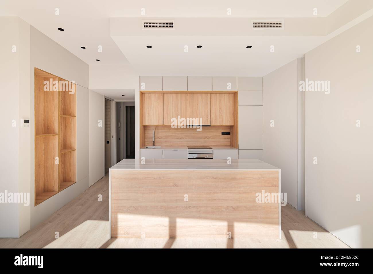 Light modular kitchen with cupboard design interior, made in white and ...