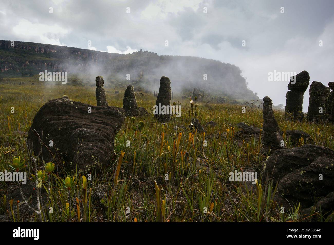 Sandstone rock formations with black pillars and columns in clouds on ...