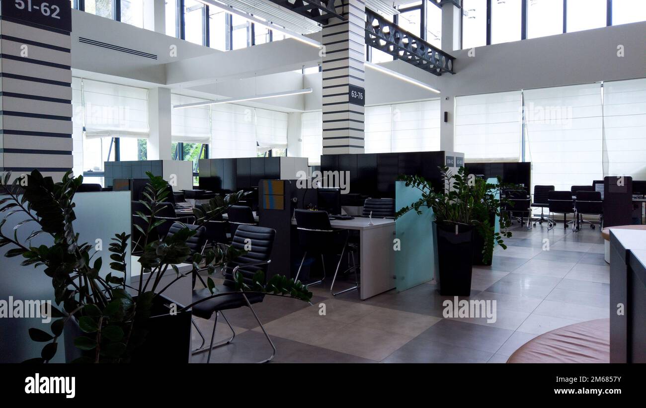 Interior of modern administrative center and social services. Open ...