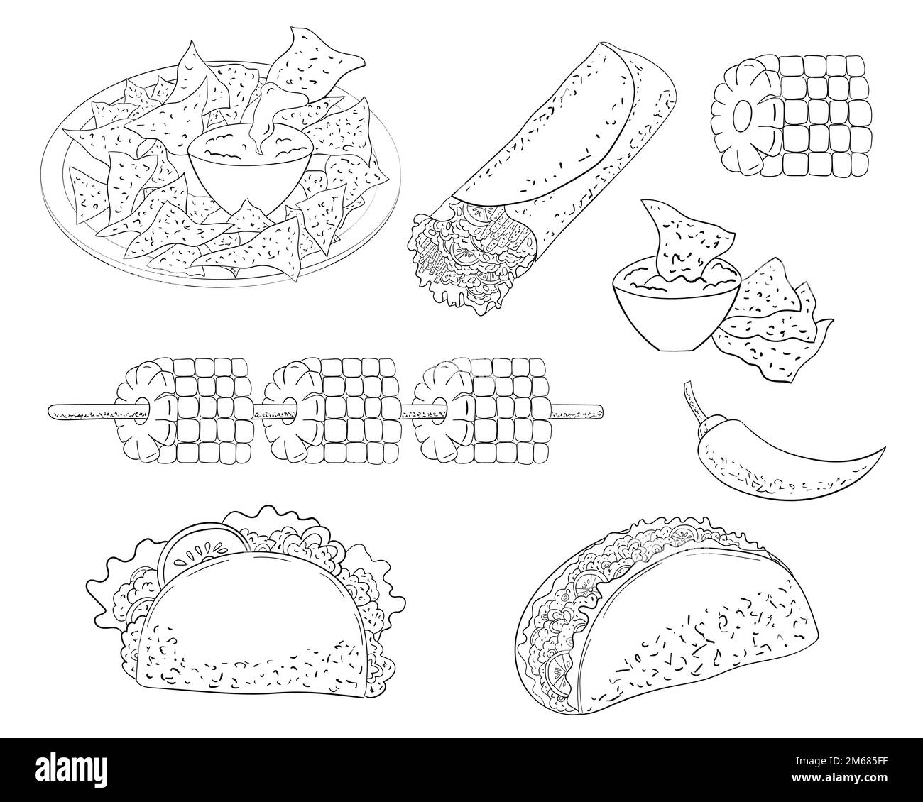 set of mexican cuisine, line art. vector illustration Stock Vector ...