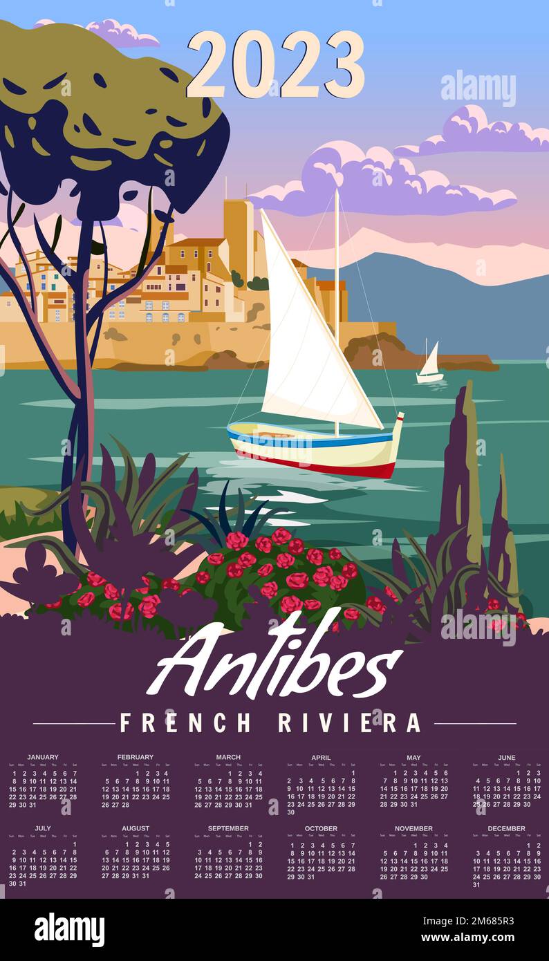 Monthly calendar 2023 year French Riviera Antibes Retro Poster ...