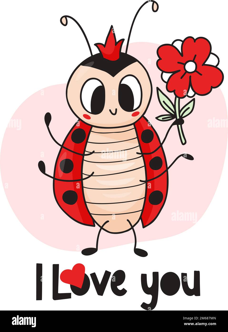 Valentine card with cute ladybug. Insect funny ladybug girl in crown ...