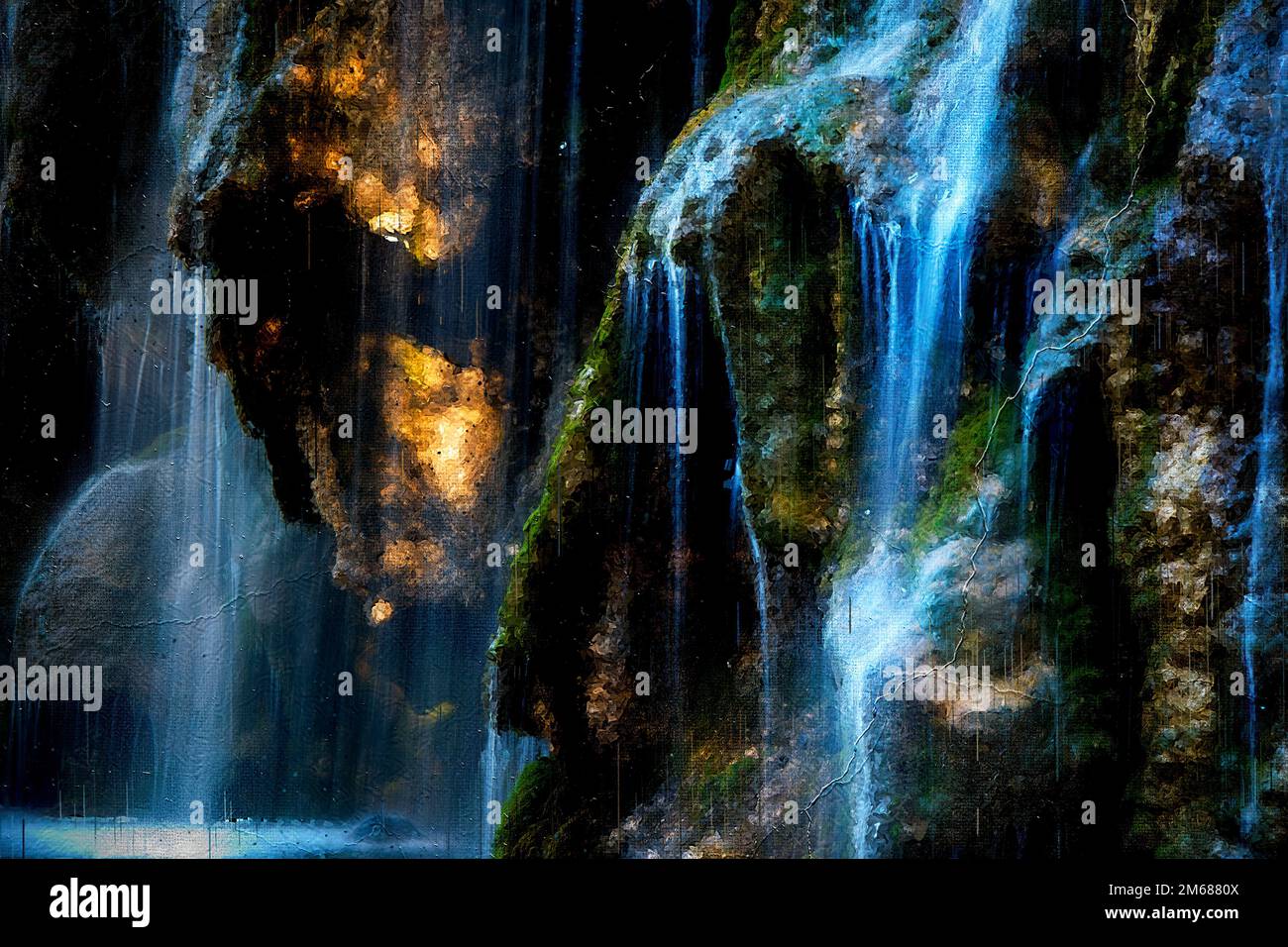 A mesmerizing painting of water flowing on mossy rocks in a magical ...