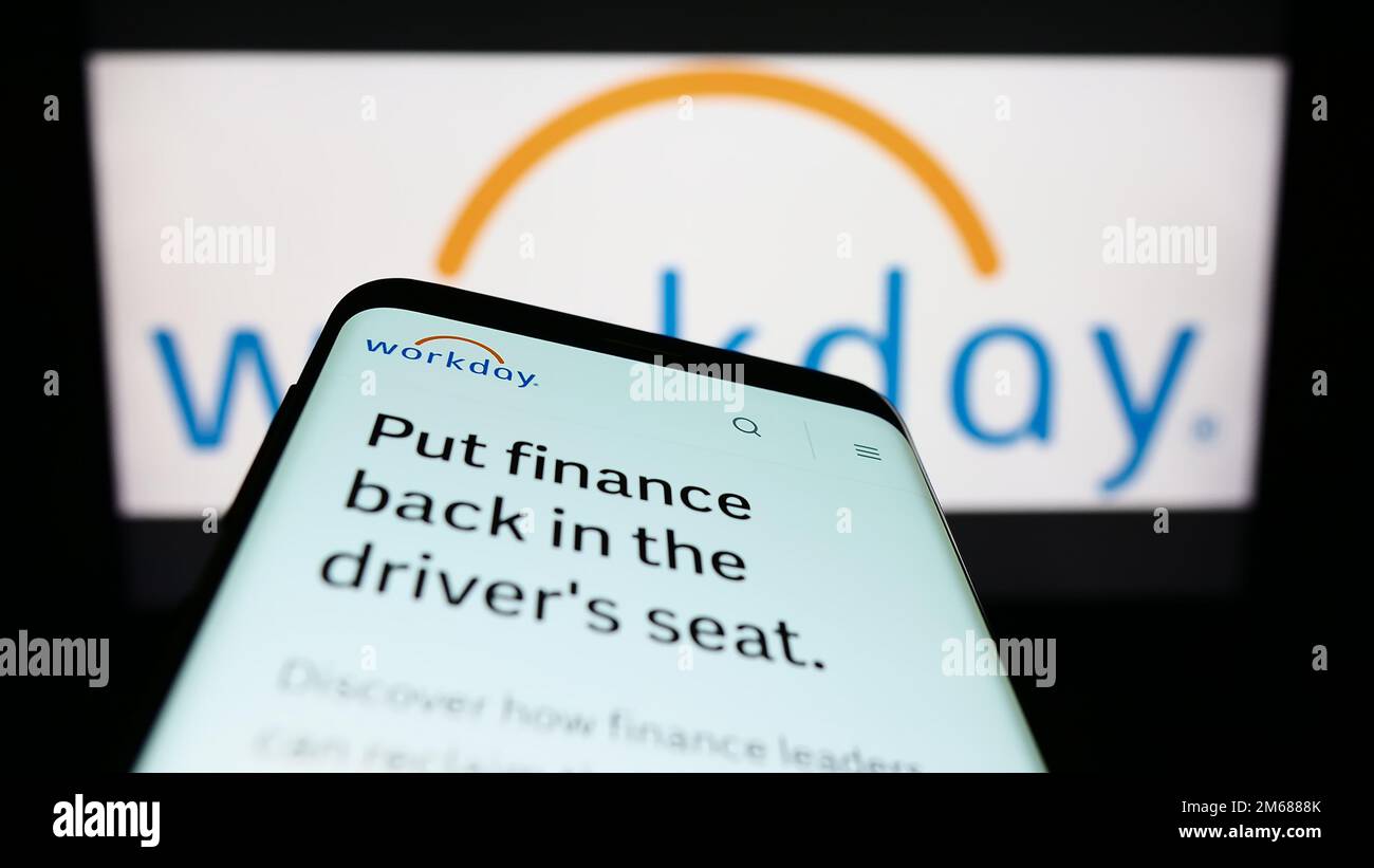 Mobile phone with website of US software company Workday Inc. on screen ...