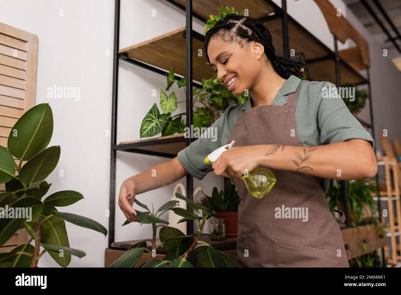 happy and stylish african american florist in apron refreshing leaves ...