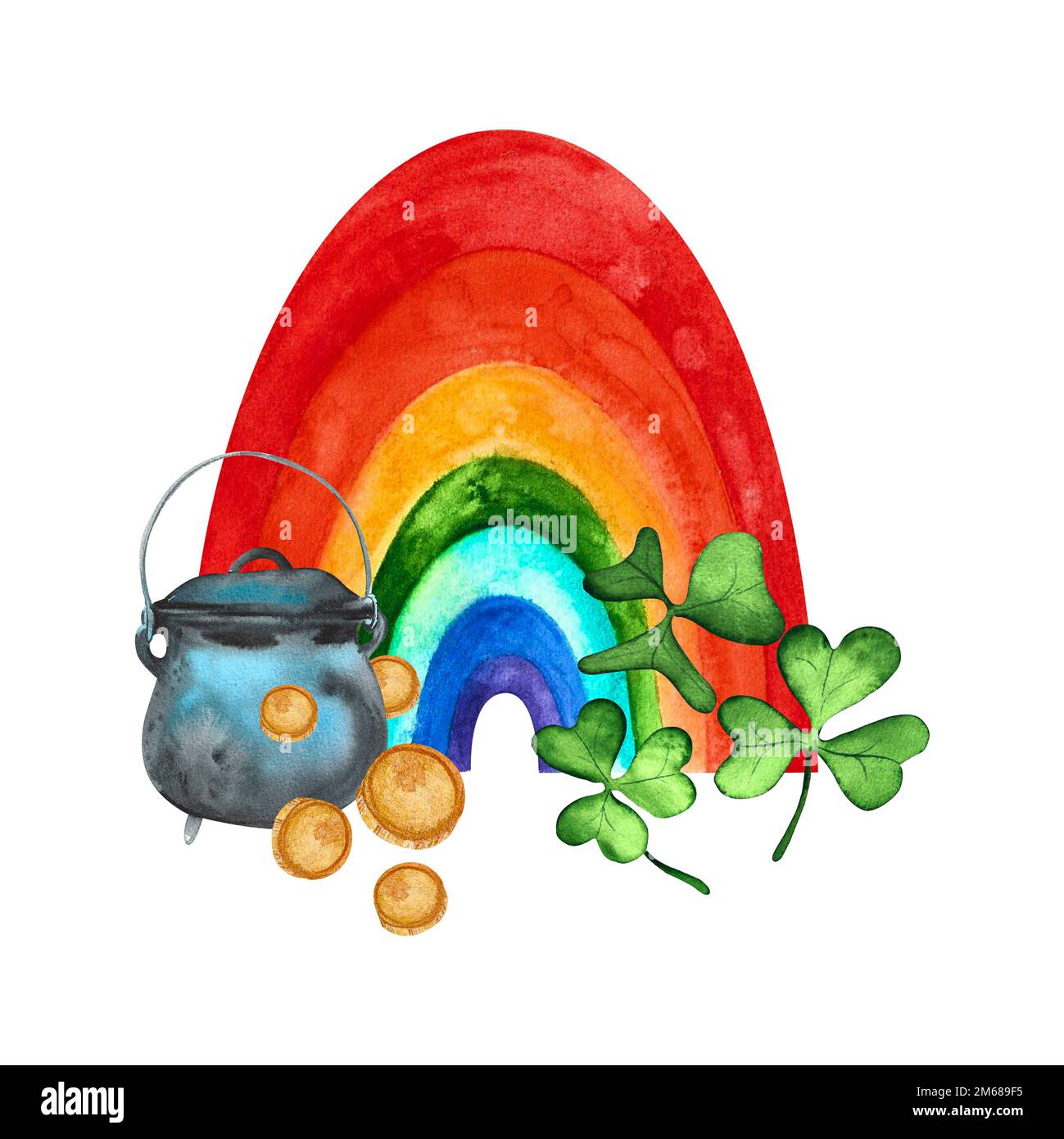 rainbow pot of gold and green clover shamrock. watercolor. on isolated ...