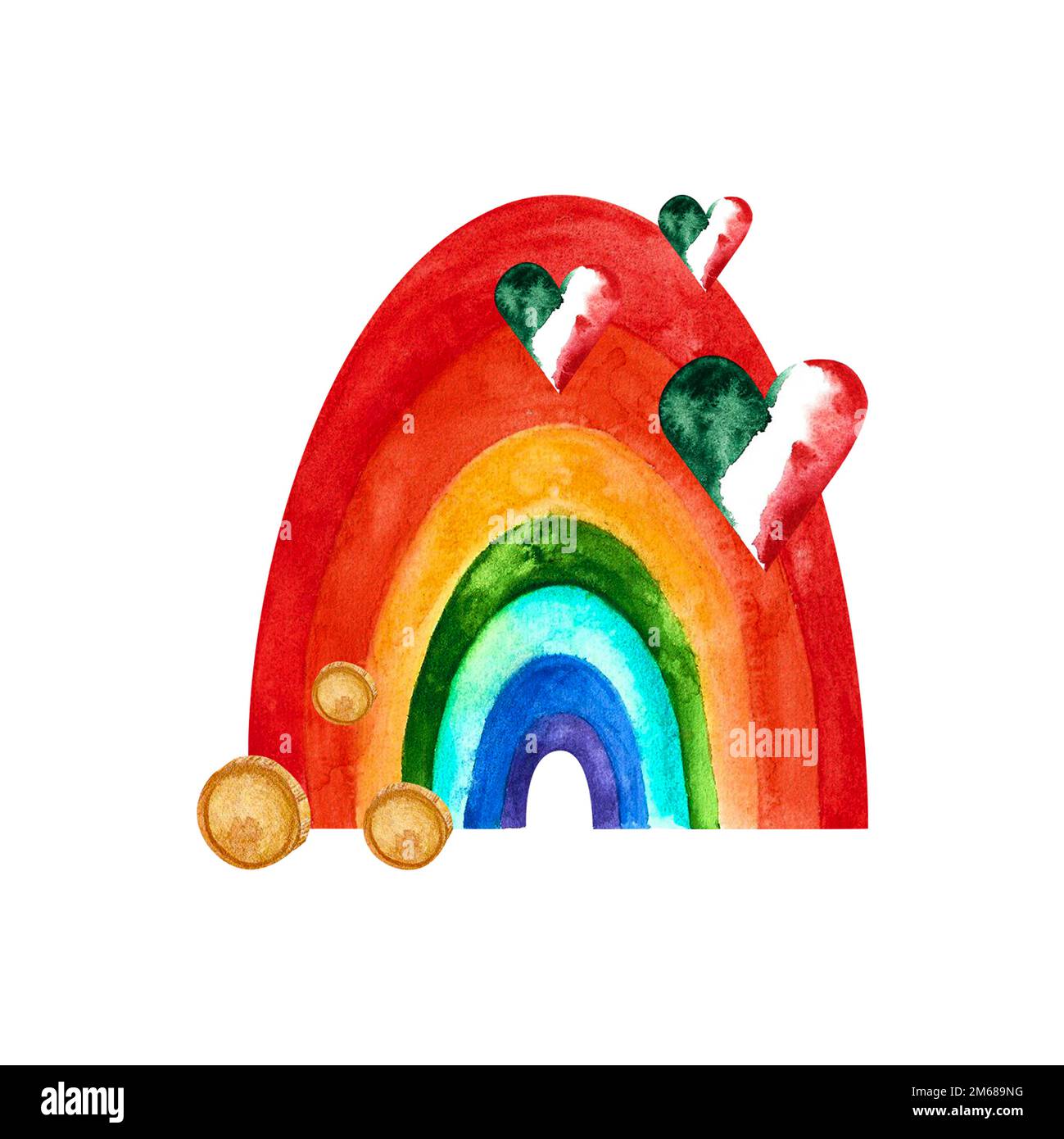 rainbow, irish flag heart, gold coin watercolor. on isolated white ...
