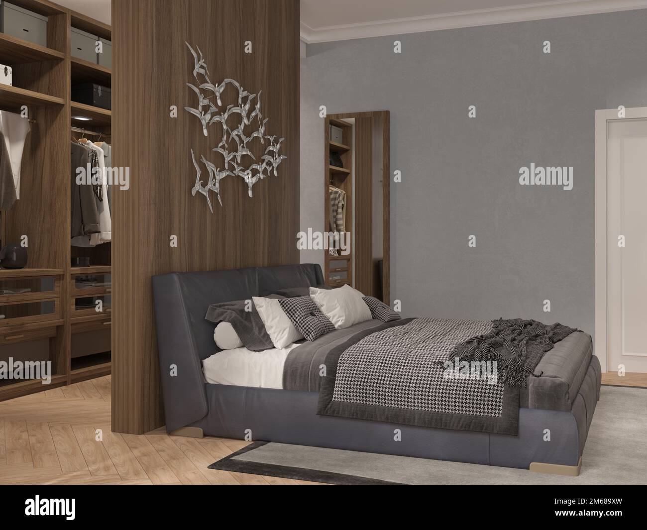 Modern interior design of bedrooms with wood wall, with dressing area ...