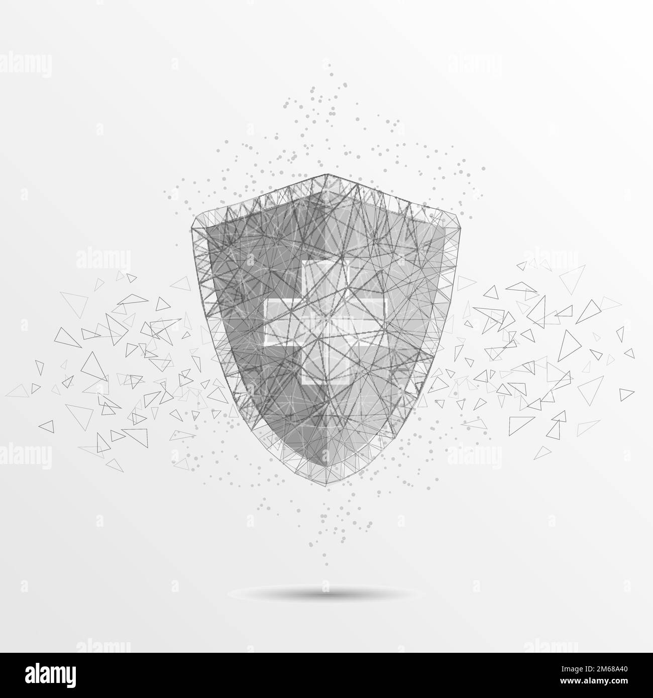 Shield with cross low poly wireframe mesh made of points, lines and shapes. Vector polygonal art ...