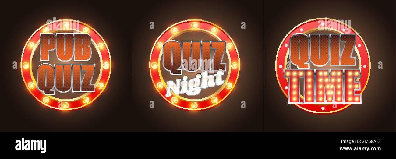 Quiz night time, pub quiz label, signage set, vector illustration. Quiz ...
