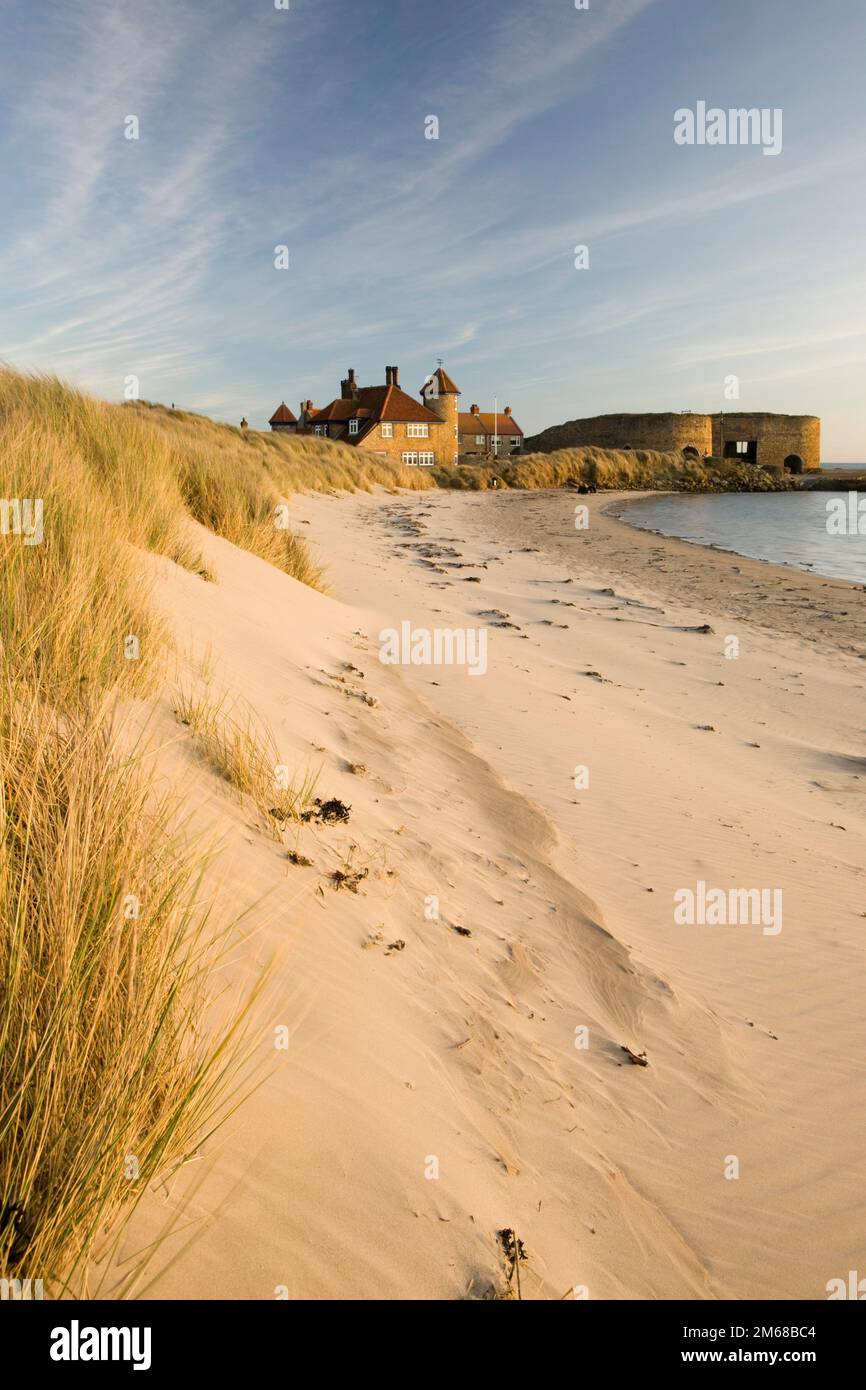 Clean sandy beach at Beadnell Bay on the Northumberland coast of ...