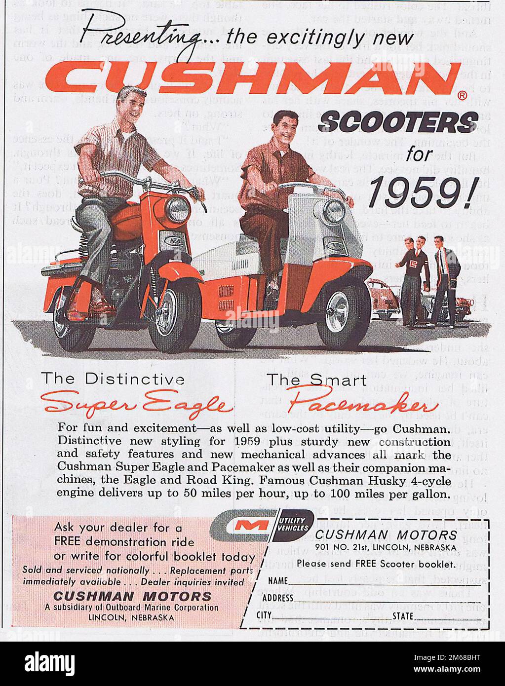 Cushman 1959 - 01 - Vintage Motorcycle Advertising Stock Photo - Alamy