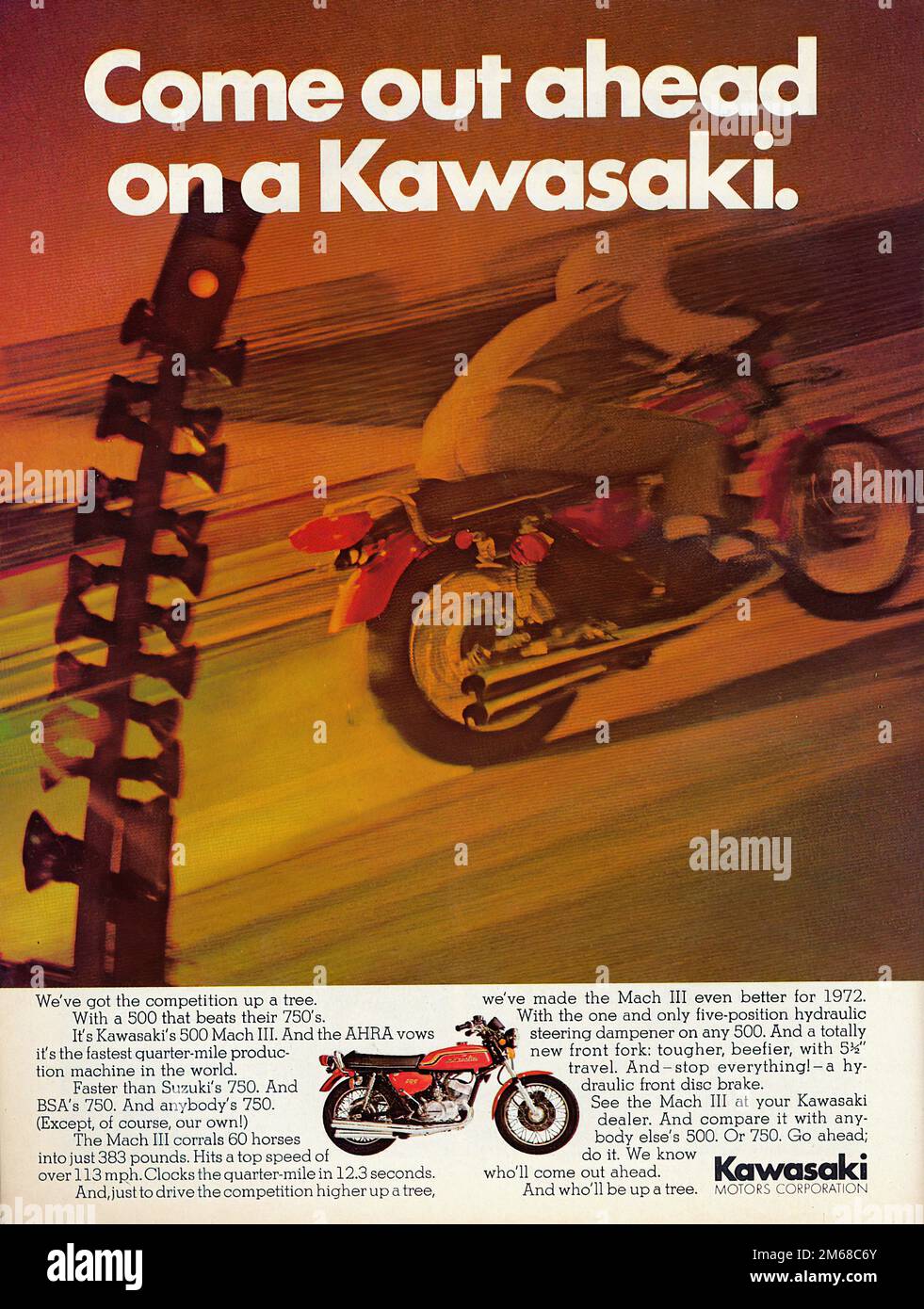 KAWASAKI 500 Mach3 (1972) - Vintage Motorcycle Advertising Stock Photo ...