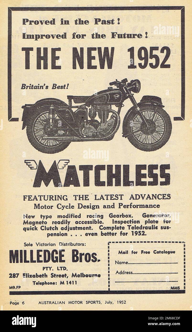 Matchless 1952 - Vintage Motorcycle Advertising Stock Photo - Alamy
