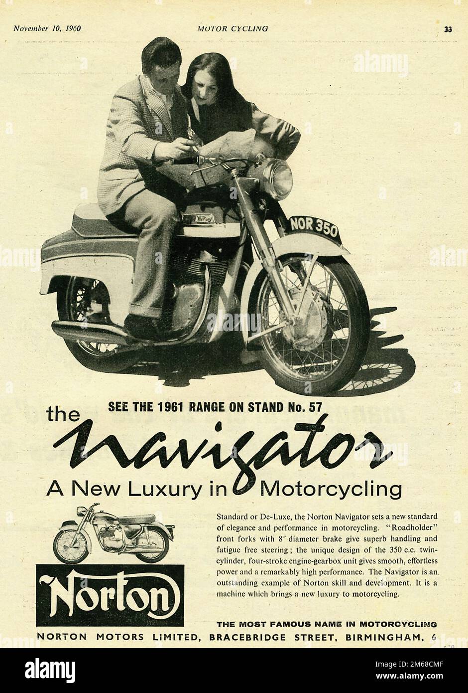 NORTON Navigator 350cc 1961 - Vintage Motorcycle Advertising Stock Photo - Alamy